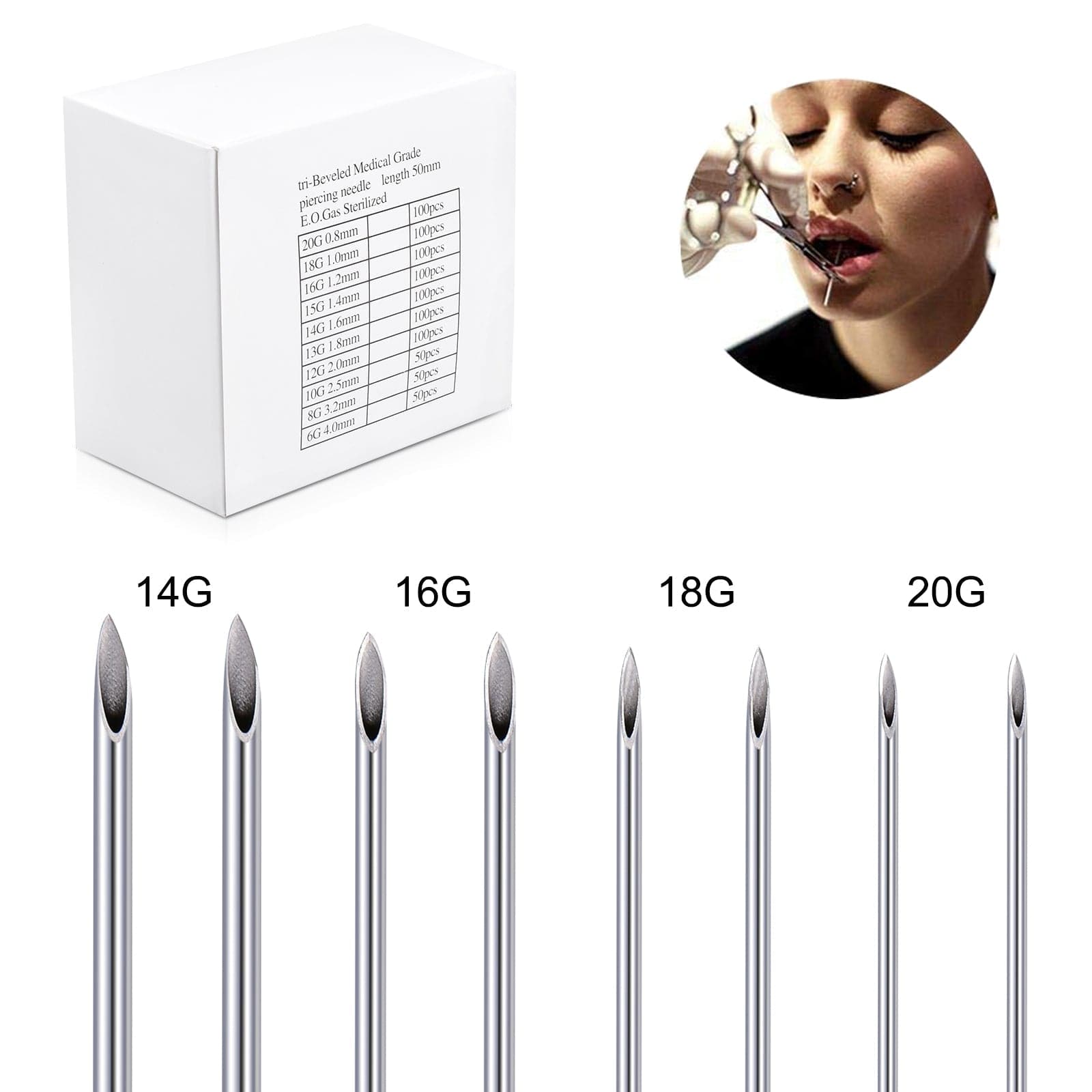 100PCS Mixed Body Piercing Needles, Ear Nose Navel Nipple Lip Piercing